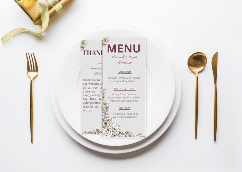 Editable Wedding Menu Template With Thank You Card | Digital Bundle ...