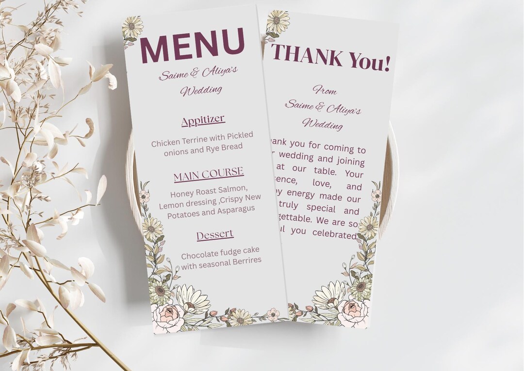 Editable Wedding Menu Template With Thank You Card | Digital Bundle ...