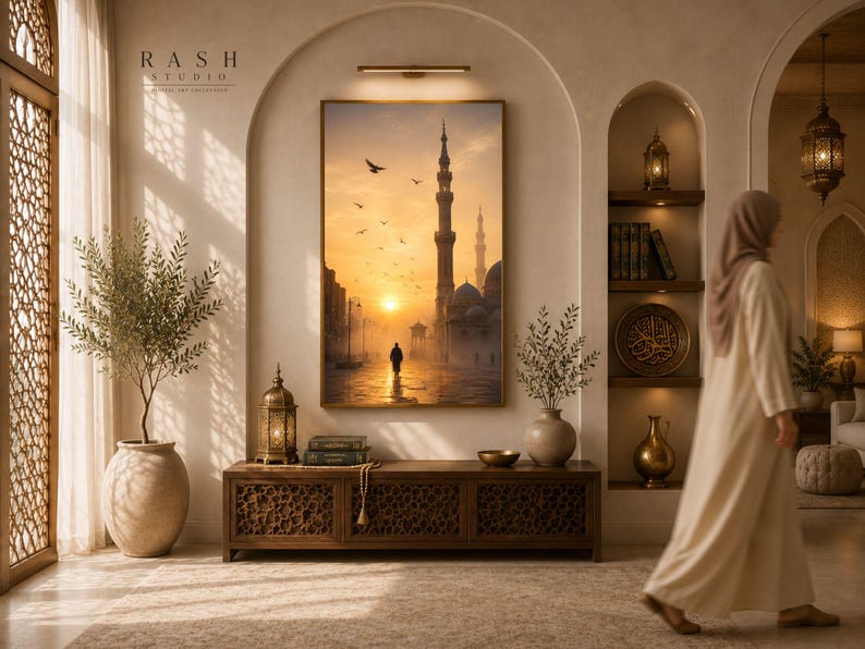 Islamic Spiritual Wall Art – Golden Mosque Sunrise Scene, Luxury ...