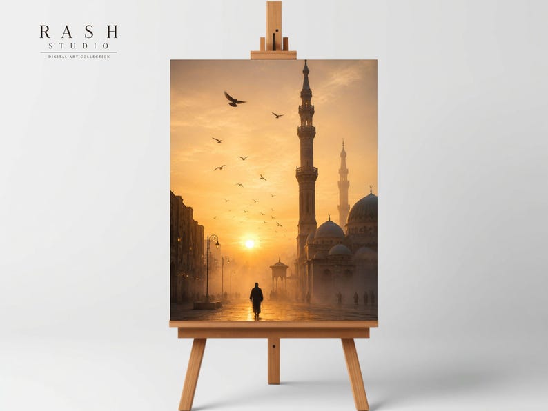 Islamic Spiritual Wall Art – Golden Mosque Sunrise Scene, Luxury ...