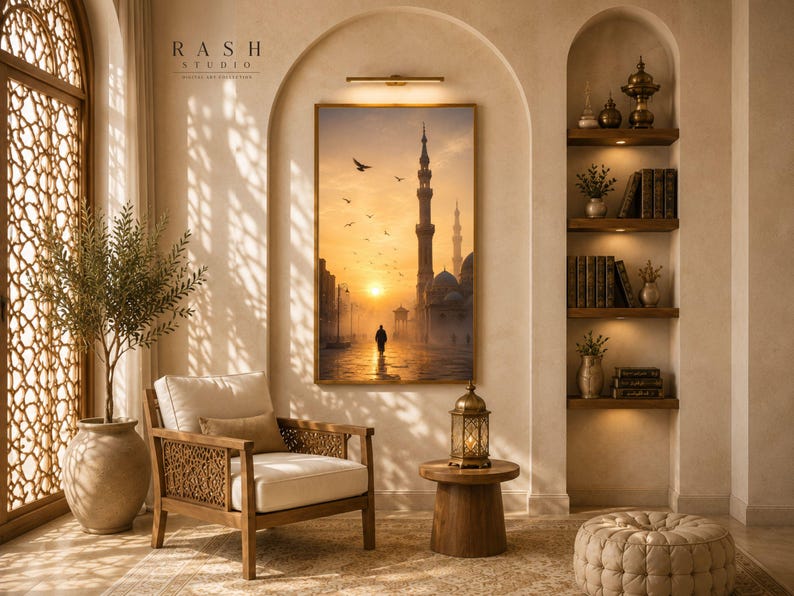 Islamic Spiritual Wall Art – Golden Mosque Sunrise Scene, Luxury ...
