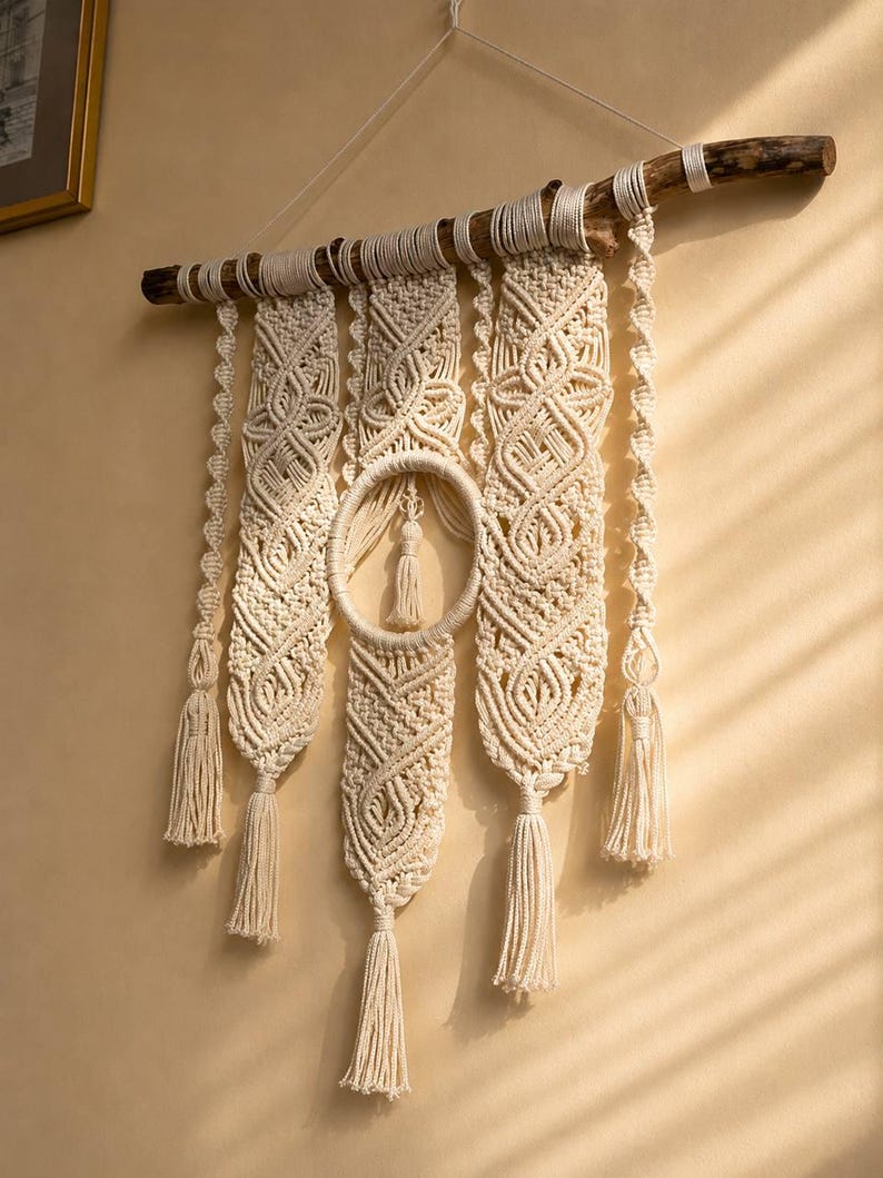 Ivory Macrame Wall Hanging With Circular Design, Ivory Fiber Art ...
