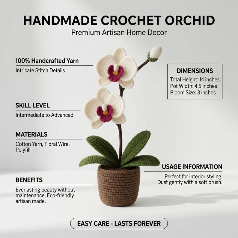 Crochet Orchid Pattern PDF, Realistic Potted Flower, Intermediate DIY ...