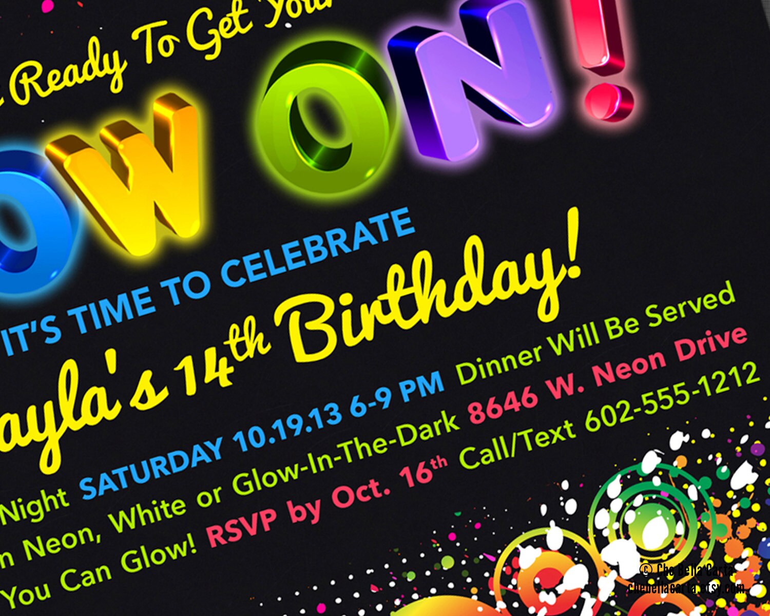 Glow Neon Black Light Party Customized Printable Invitation - Etsy