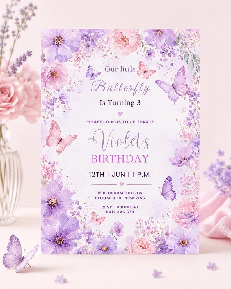 Butterfly Birthday Invitation, Pastel Floral, Watercolor Butterflies ...
