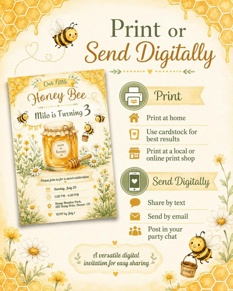 Honey Bee Birthday Invitation, Watercolor Garden Party Invite, Kids ...