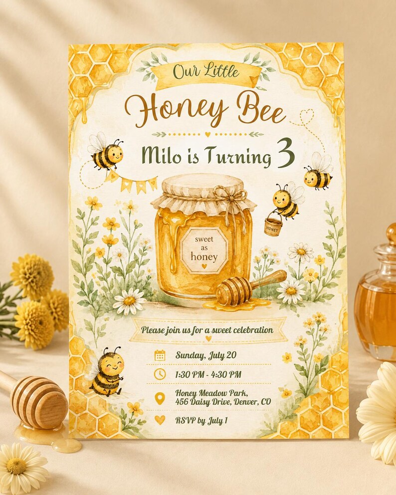 Honey Bee Birthday Invitation, Watercolor Garden Party Invite, Kids ...
