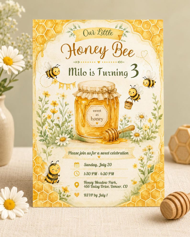 Honey Bee Birthday Invitation, Watercolor Garden Party Invite, Kids ...