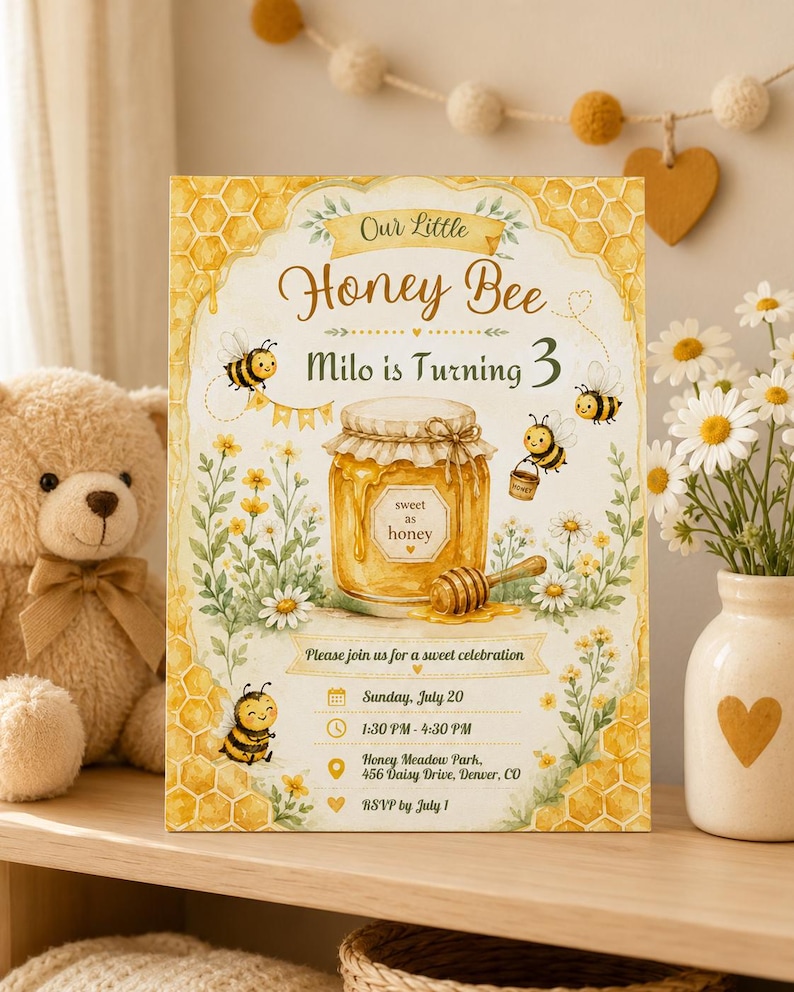 Honey Bee Birthday Invitation, Watercolor Garden Party Invite, Kids ...