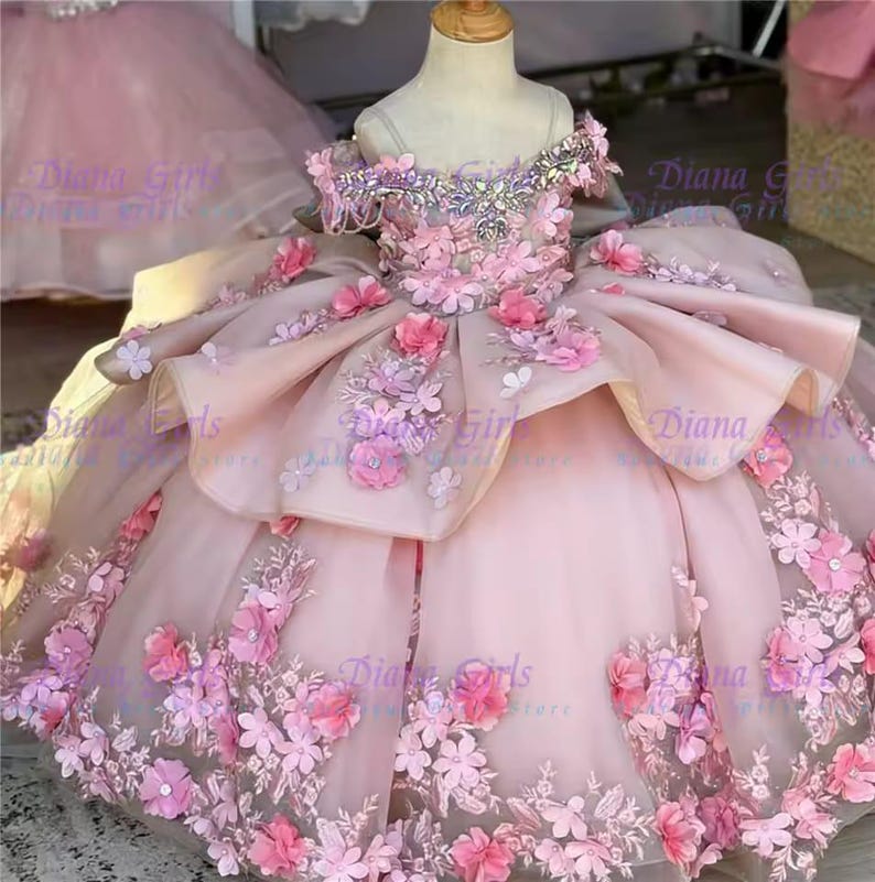Girls Flower Princess Ball Gown, 3D Floral Applique Party Dress ...