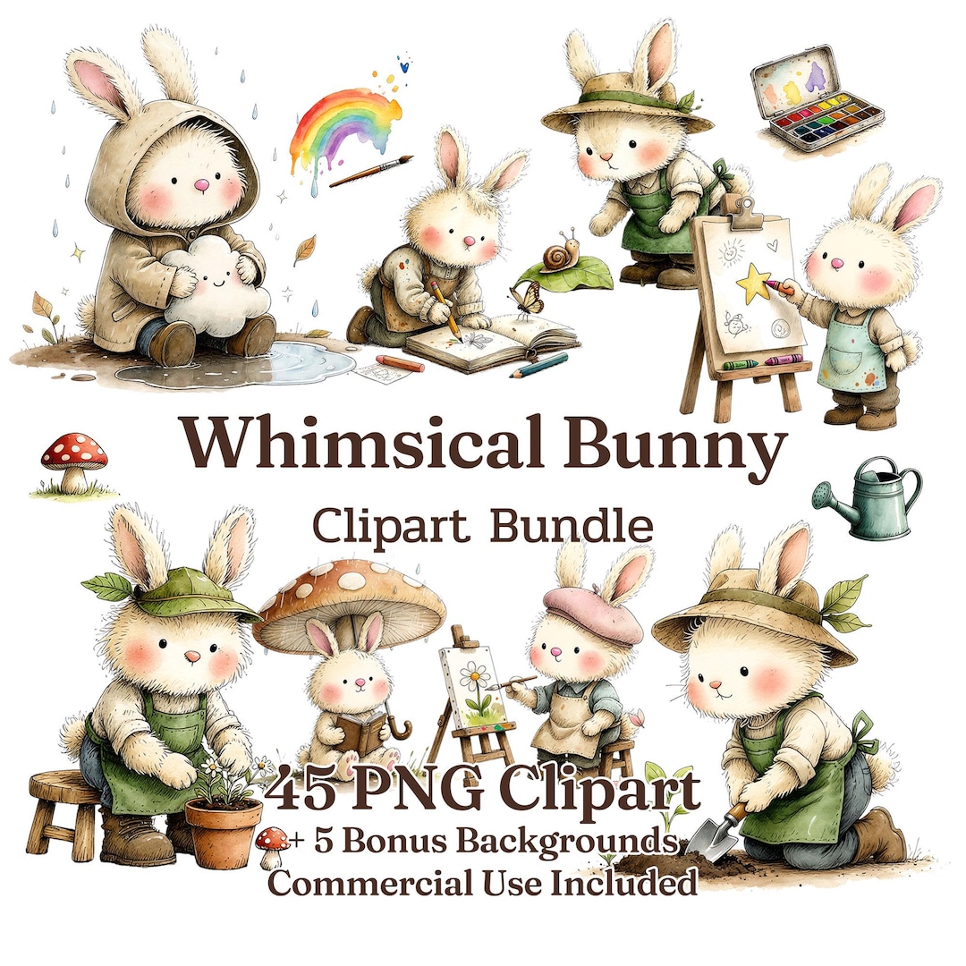 45 Watercolor Bunny Clipart Bundle | Whimsical Bunny Illustration Set ...