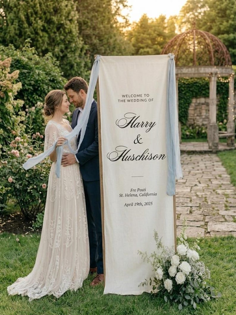 Linen Wedding Welcome Sign - Personalized Fabric Sign With Ribbon - Etsy