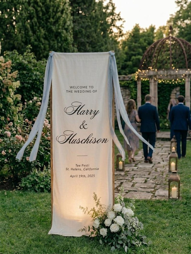 Linen Wedding Welcome Sign - Personalized Fabric Sign With Ribbon - Etsy