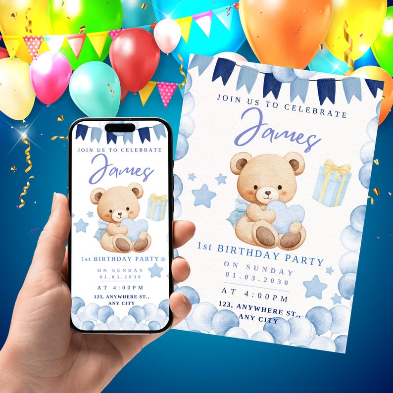 Teddy Bear 1st Birthday Invitation, Blue Gingham Boy Party Template ...