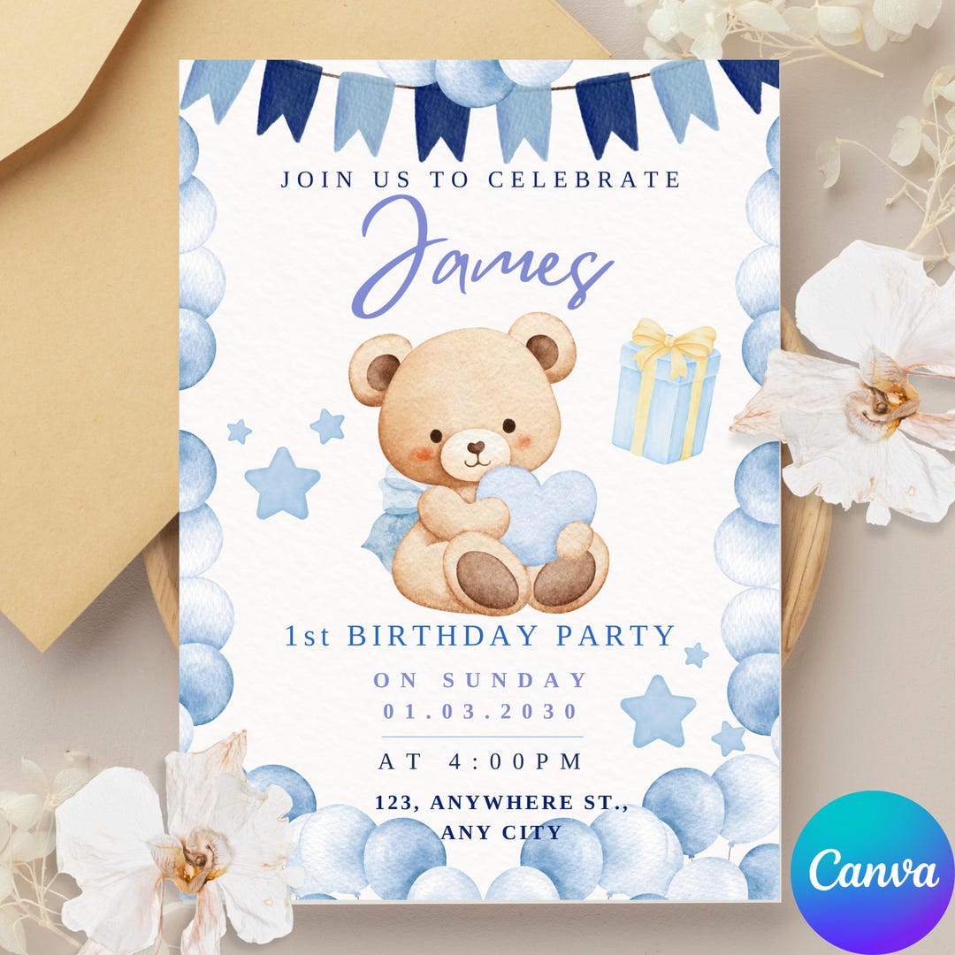 Teddy Bear 1st Birthday Invitation, Blue Gingham Boy Party Template ...