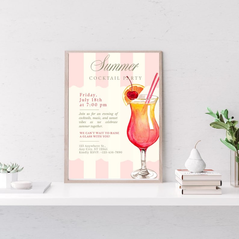 Summer Cocktail Party Invitation, Hand Drawn Tropical Drinks Invite ...