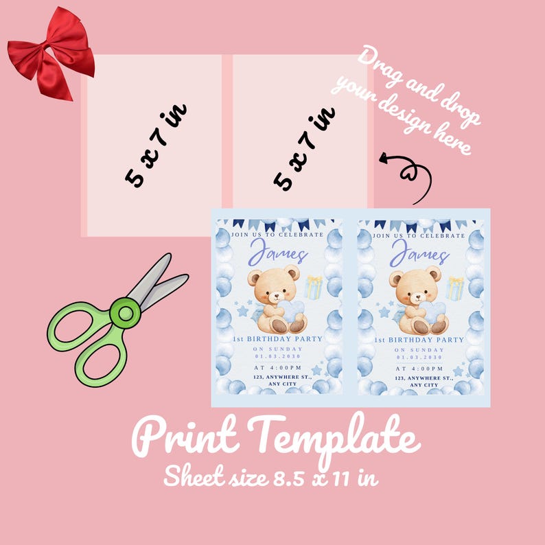 Teddy Bear 1st Birthday Invitation, Blue Gingham Boy Party Template ...