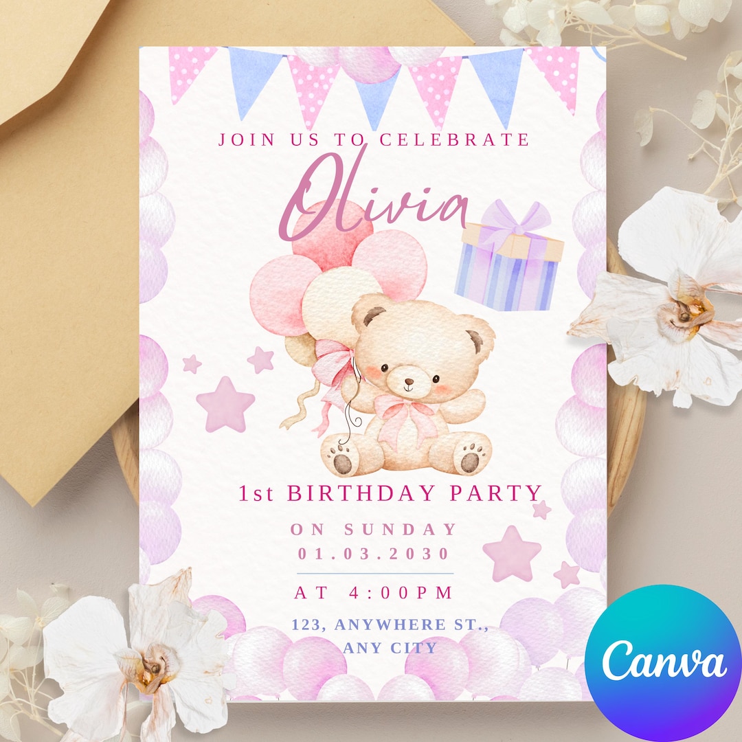 Teddy Bear 1st Birthday Invitation, Pink Gingham Girl Party Template ...