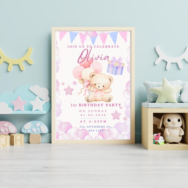 Teddy Bear 1st Birthday Invitation, Pink Gingham Girl Party Template ...