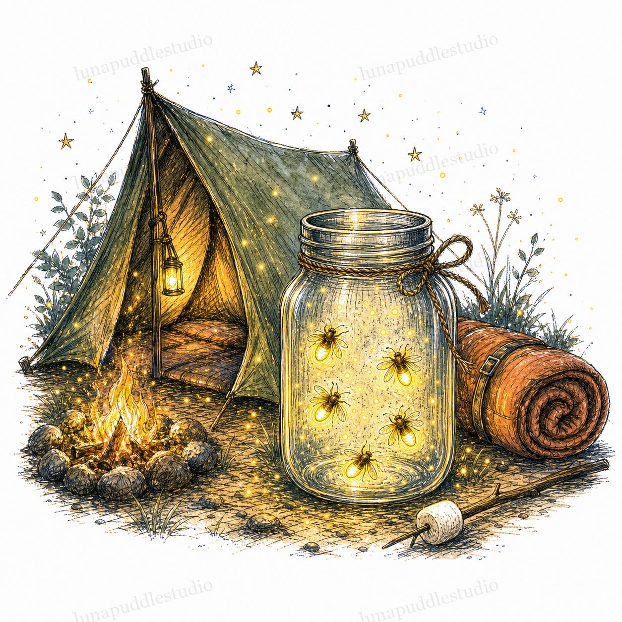 20 Whimsical Firefly Jar Clipart, Cute Summer Night Watercolor Jpgs ...