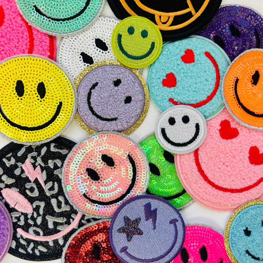 Smiley Face Iron-on Patches: Embroidered, Chenille & Sequin - DIY Hat ...