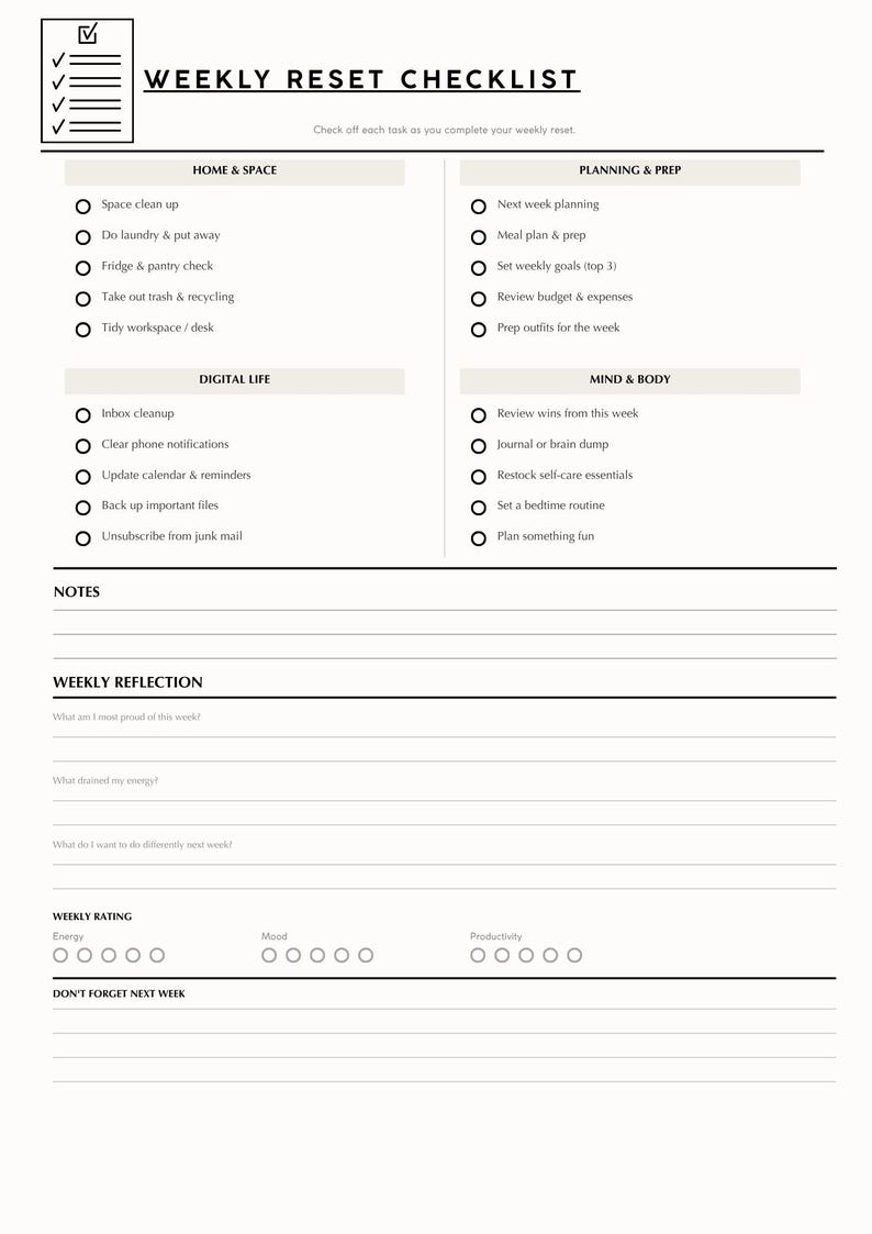 Weekly Reset Planner Printable PDF | Minimal Productivity & Wellness ...
