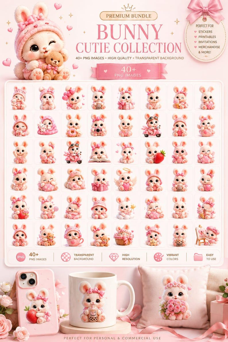 Kawaii Bunny Sticker Bundle, Pink Planner Journal Graphics (40+ PNG) - Etsy