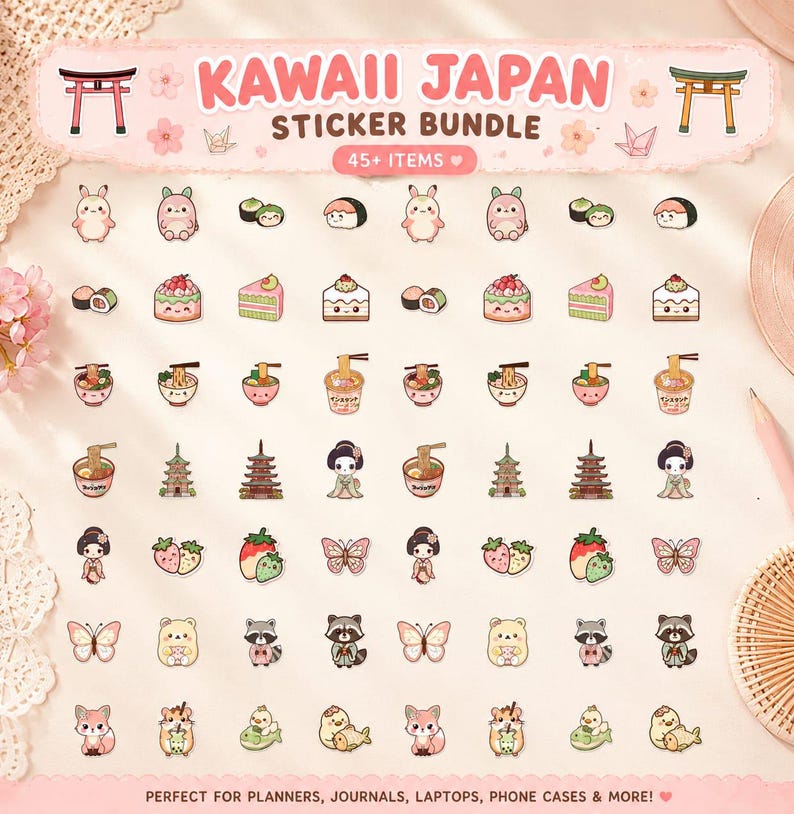 Kawaii Japan Sticker Bundle | Pastel PNG Planner Scrapbook (digital ...