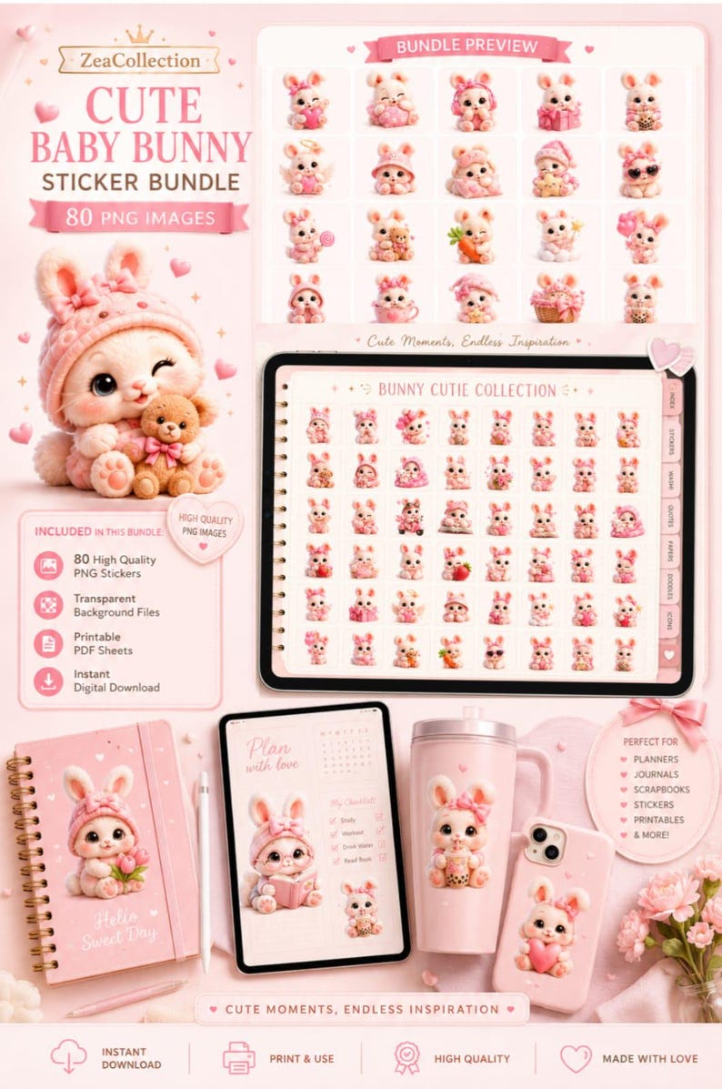 Kawaii Baby Bunny Sticker Bundle, 80 PNG Clipart (digital Download) - Etsy