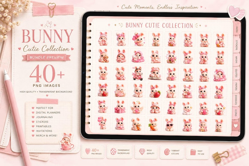 Kawaii Bunny Sticker Bundle, Pink Planner Journal Graphics (40+ PNG) - Etsy