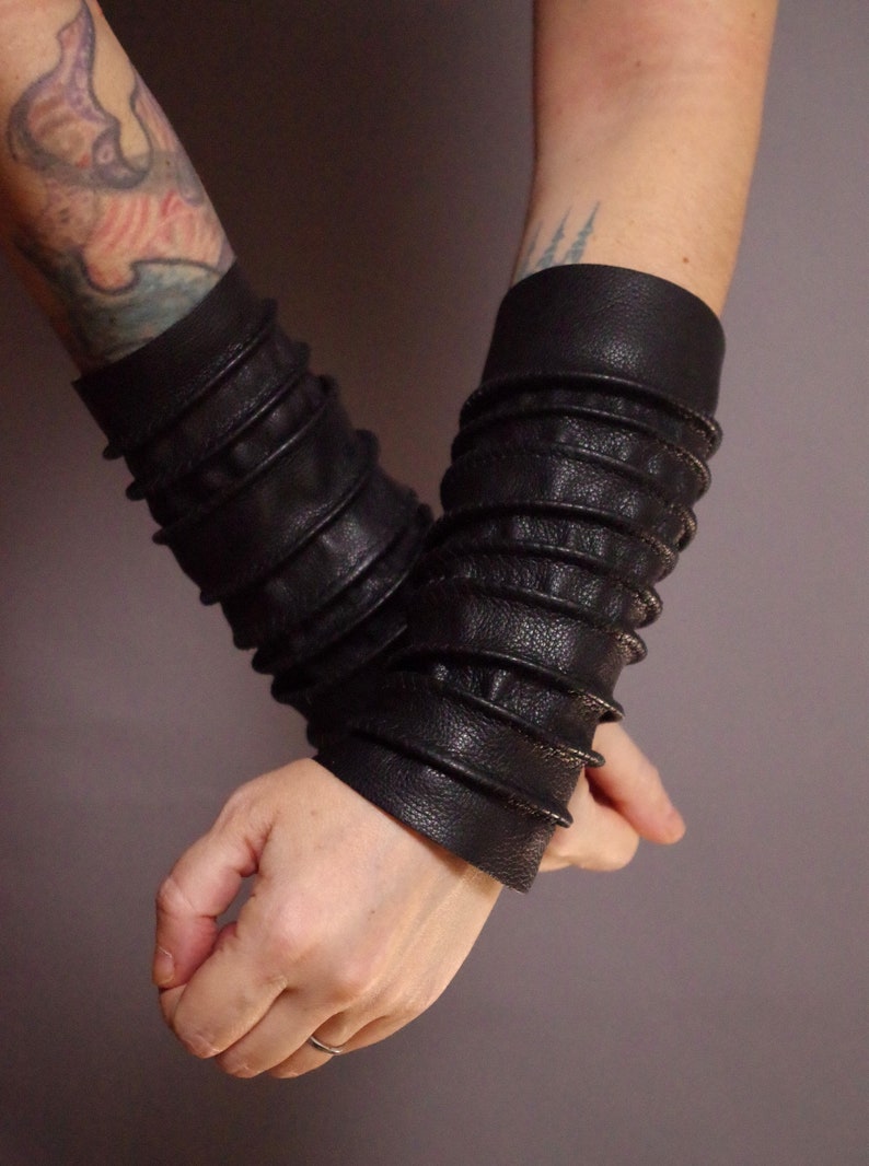 Tall Black Leather Cuff Bracelets: Goth Arm Warmers, Handmade - Etsy