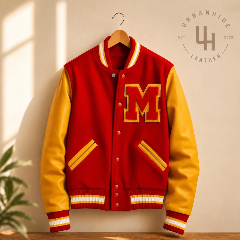 MJ Thriller Varsity Jacket – Red Wool Yellow Leather Bomber, Michael ...