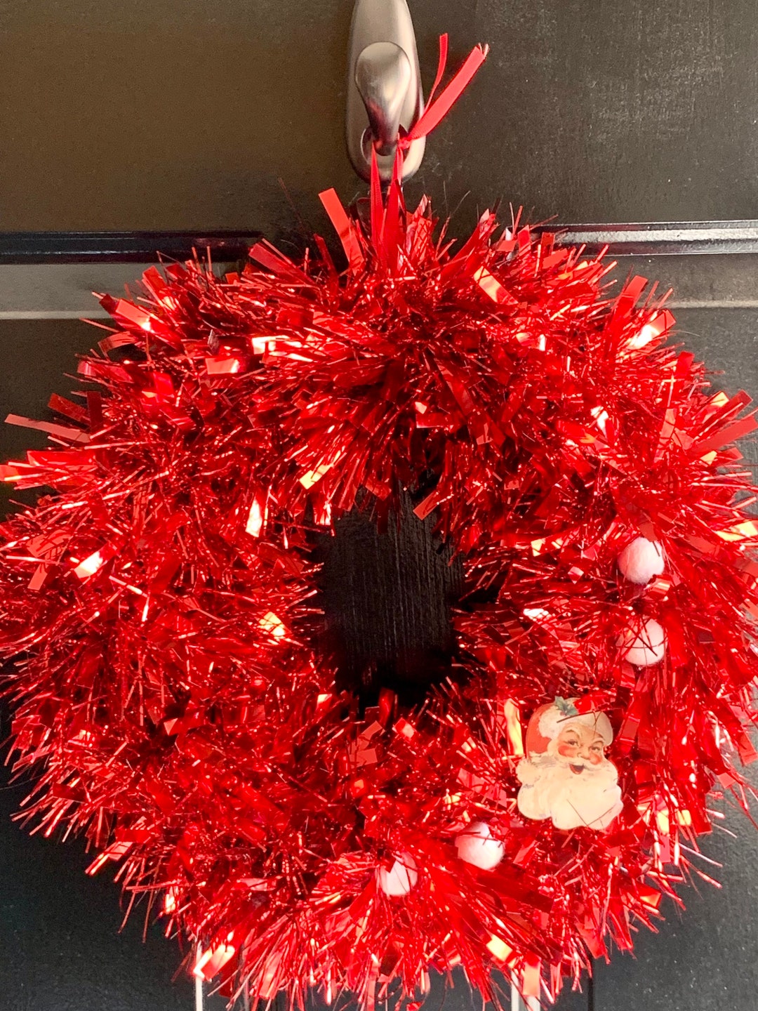 Handmade Red Christmas Santa Tinsel Garland Wreath White Felt Pompom ...