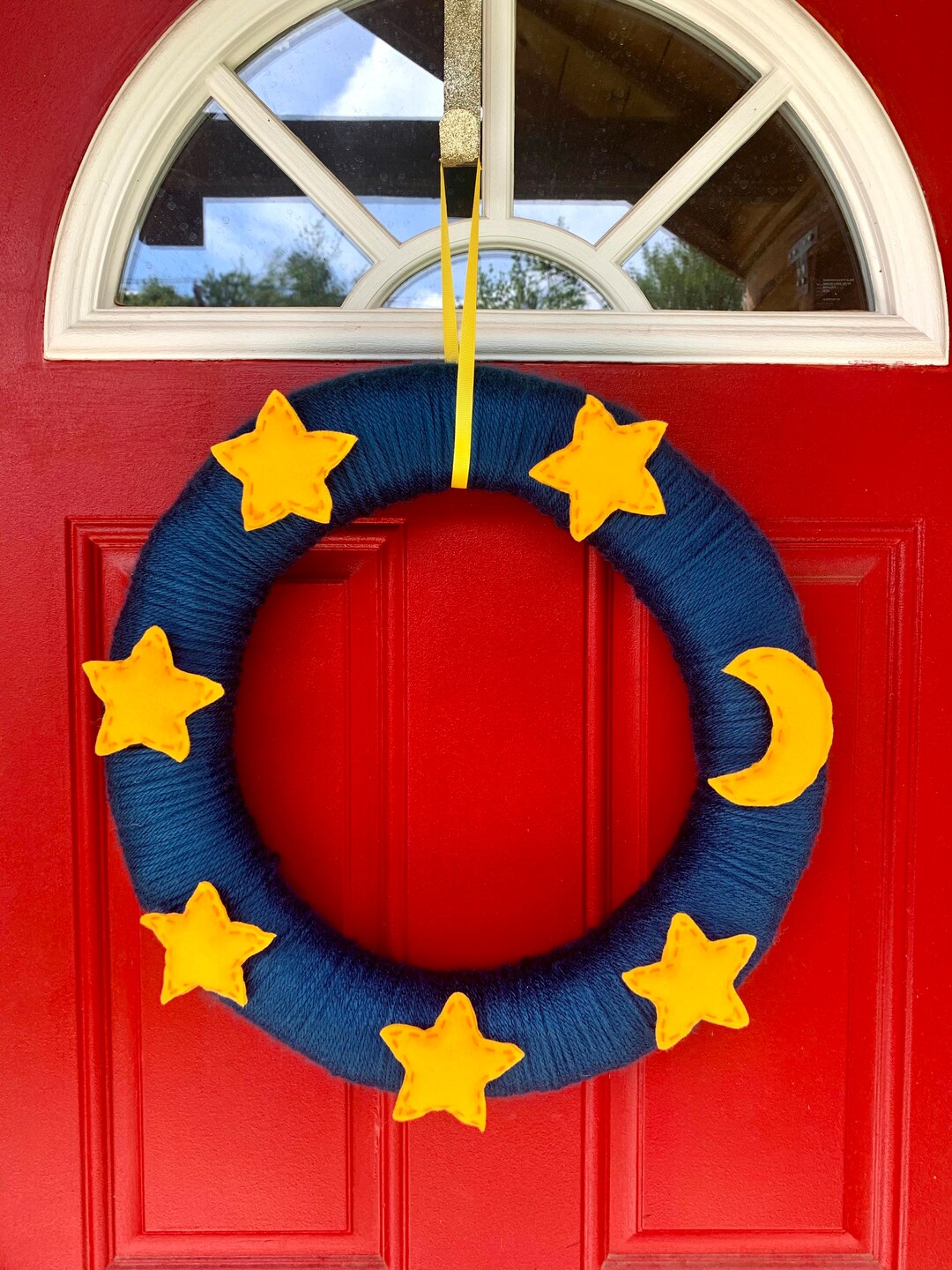 Handmade Felt Star & Moon Celestial Yarn Wrapped Wreath Yellow Blue ...