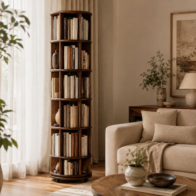 Handmade Rotating Wooden Bookcase Tower, 360 Round Bookshelf With ...