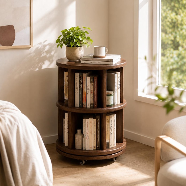Handmade Rotating Wooden Bookcase Tower, 360 Round Bookshelf With ...