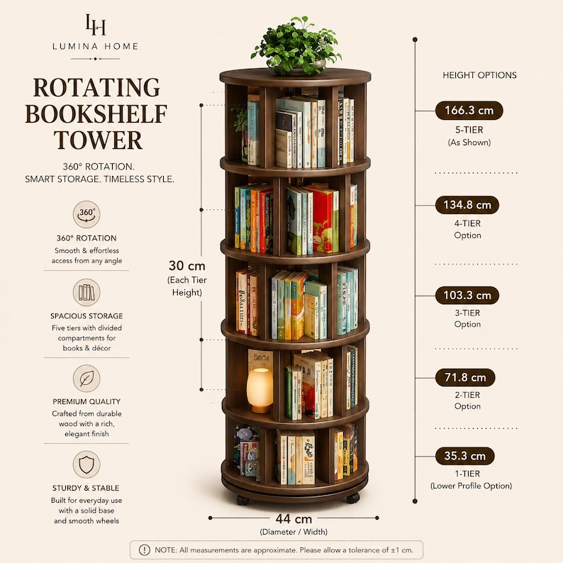 Handmade Rotating Wooden Bookcase Tower, 360 Round Bookshelf With ...