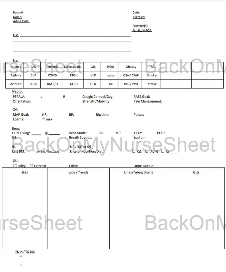 Nurse Report Sheet, ICU Nurse Brain, Nurse Handoff, Report Sheet for ...