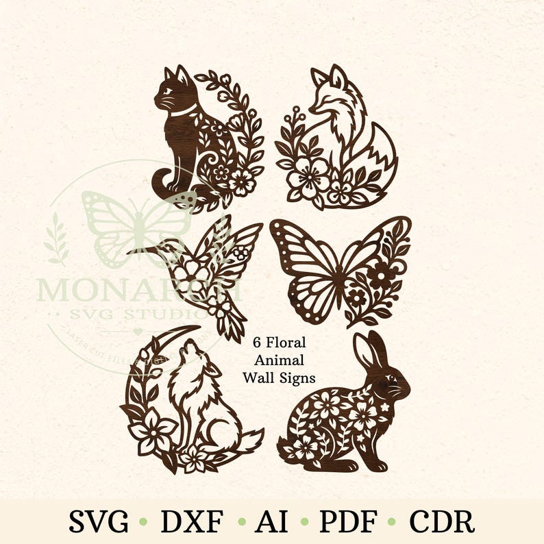 Floral Animal Wall Sign Bundle SVG, Fox Rabbit Wolf Cat Butterfly ...