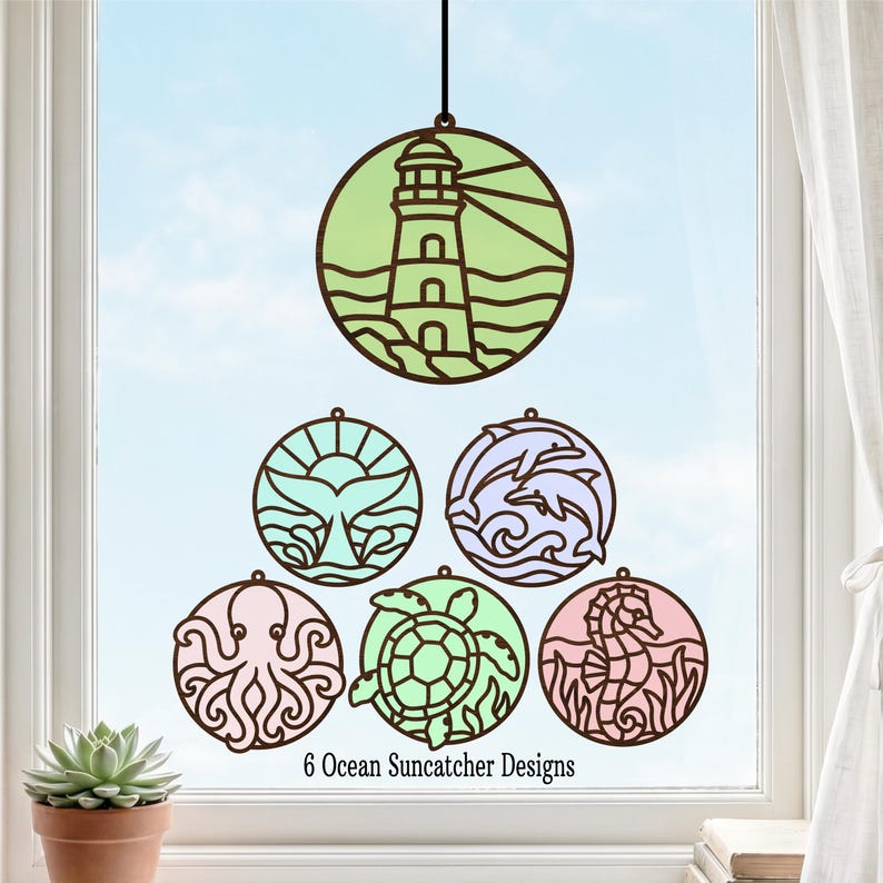 Ocean Suncatcher SVG Bundle, Coastal Ornament Laser Cut Files, Turtle ...