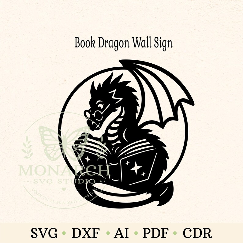 Dragon Reading Book Wall Art SVG, Fantasy Dragon Library Sign for Laser ...