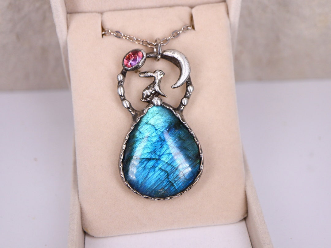 Mothers Day Gift, Rabbit Blue Labradorite Amethyst Moon Necklace, Art ...