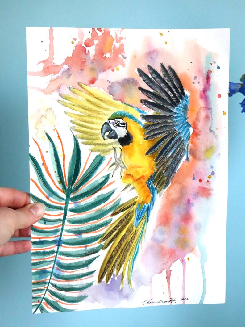 Ara Macaw Original Handmade Watercolor Blue Macaw Parrot in Tropical ...
