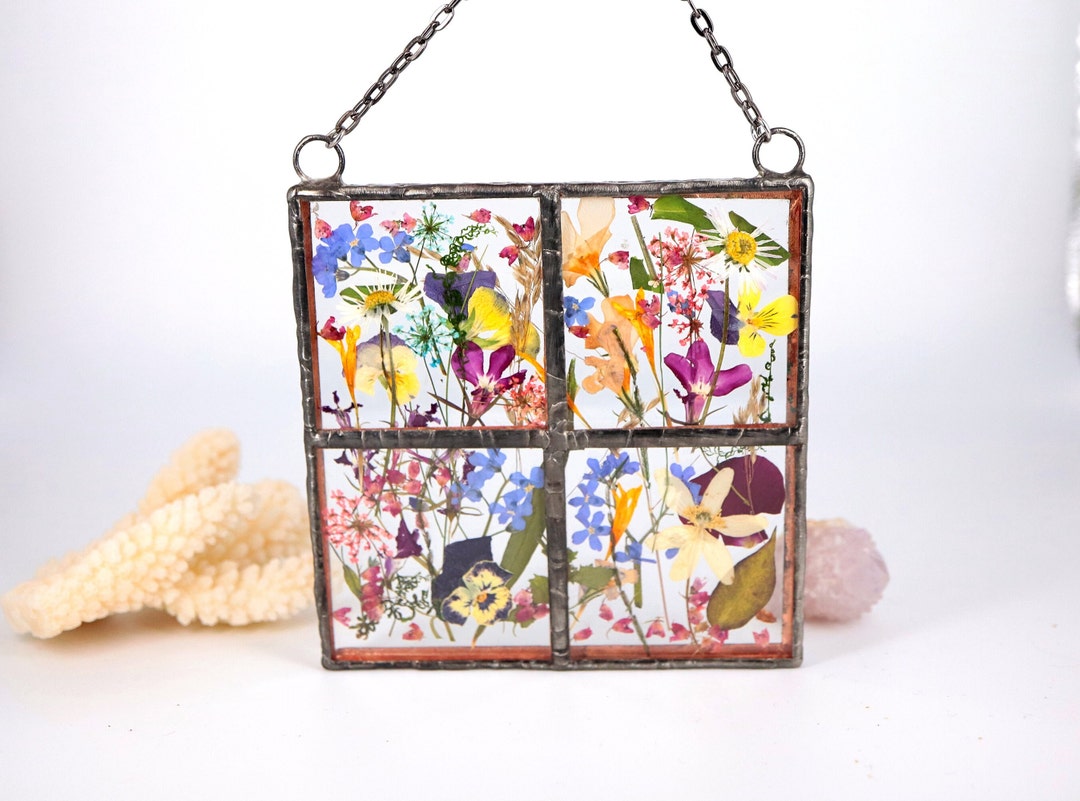 Dried Pressed Flowers Window Frame Labradorite, Stained Glass Window ...