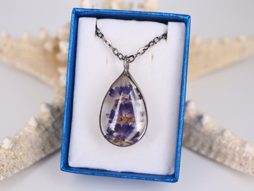 Pressed Lavender Flower Necklace: Teardrop Pendant Chain - Etsy