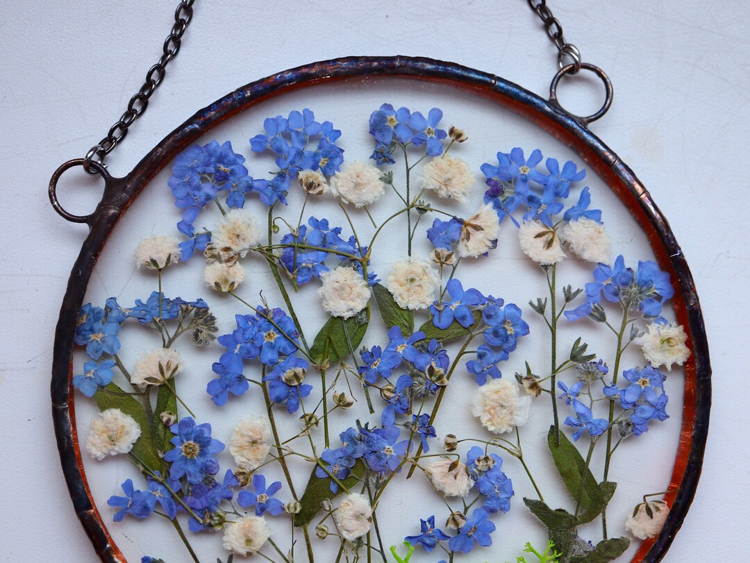 Blue Forget Me Nots Birth Flower Decoration, Mothers Day Gift, Stained Glass Window Pressed ...