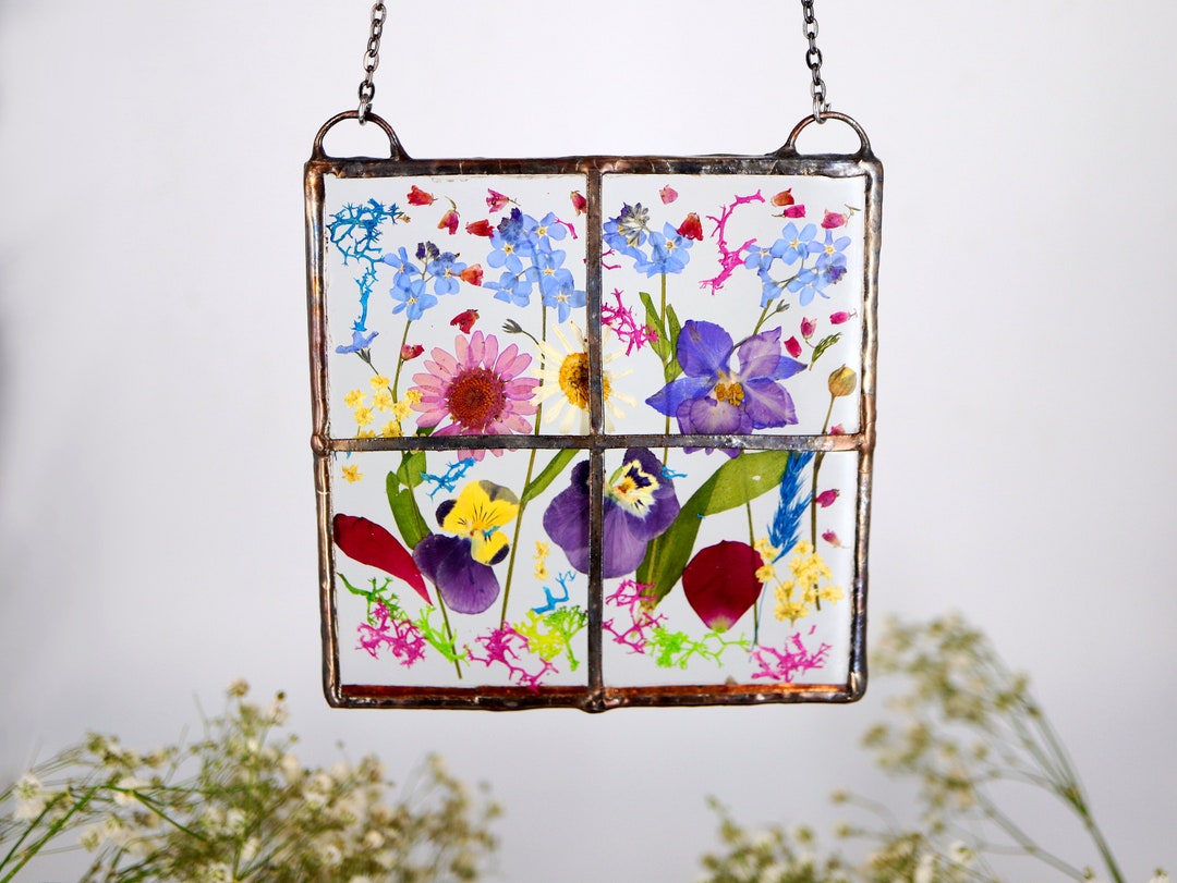 Dried Pressed Flowers Window Frame With Flowers Stained Glass Window ...