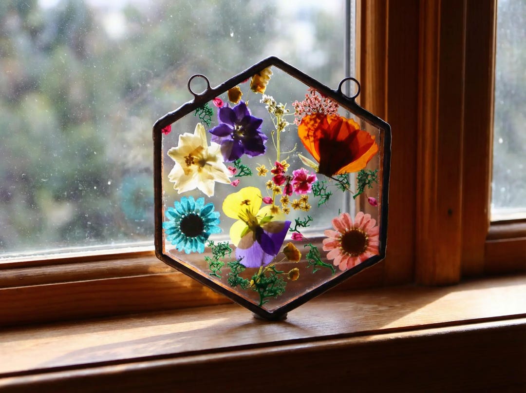 Pressed Flower Cube Suncatcher: Real Flowers Stained Glass Window ...