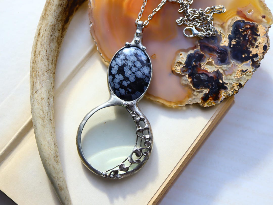 Snowflake Obsidian Crescent Moon Magnifying Glass Necklace: Rustic Boho ...
