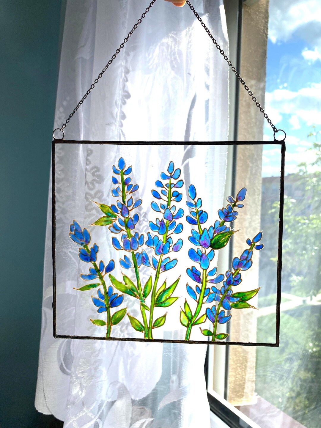 Hand Painted Bluebonnet Stained Glass Suncatcher: Texas Wildflower ...